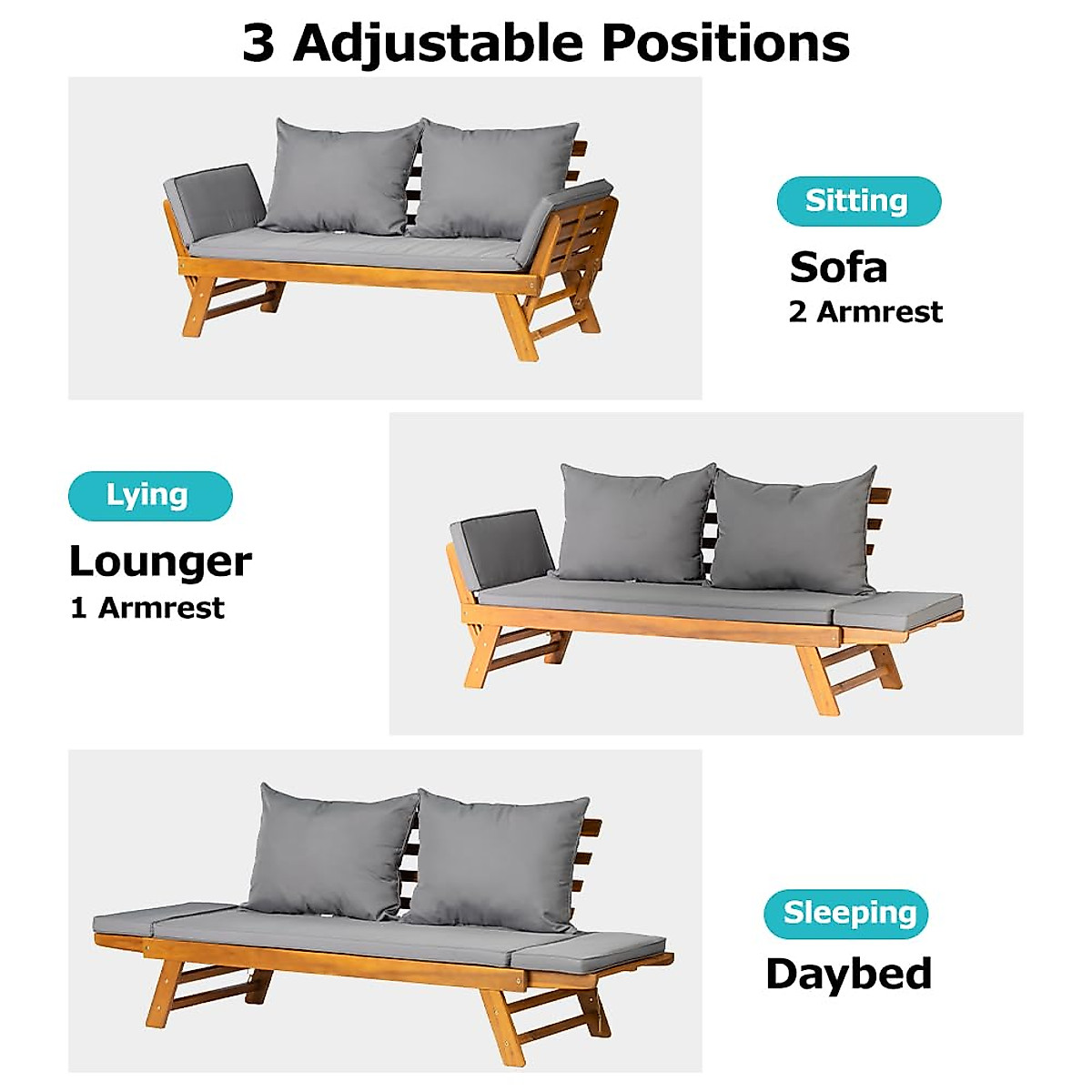 Panana Acacia Wood Convertible Couch Sofa Bed Adjustable Armrest Folding Daybed Collapsible Chaise Lounge w/Cushions Outdoor Loveseat for Garden Patio Poolside Grey