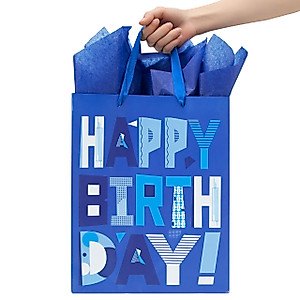 13" Large Blue Gift Bags Set with Greeting Card and Tissue Papers (Blue Happy Birthday) for Men's Birthday Party,Kids' Parties, Baby Shower, or Baby Boy - 13”x10.2”x5.2”, 1 Pcs
