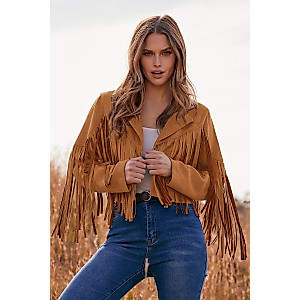 PRETTYGARDEN Women's Fringe Faux Suede Leather Jackets 2024 Fashion Tassel Motorcycle Cropped Coats (Brown Yellow,Large)
