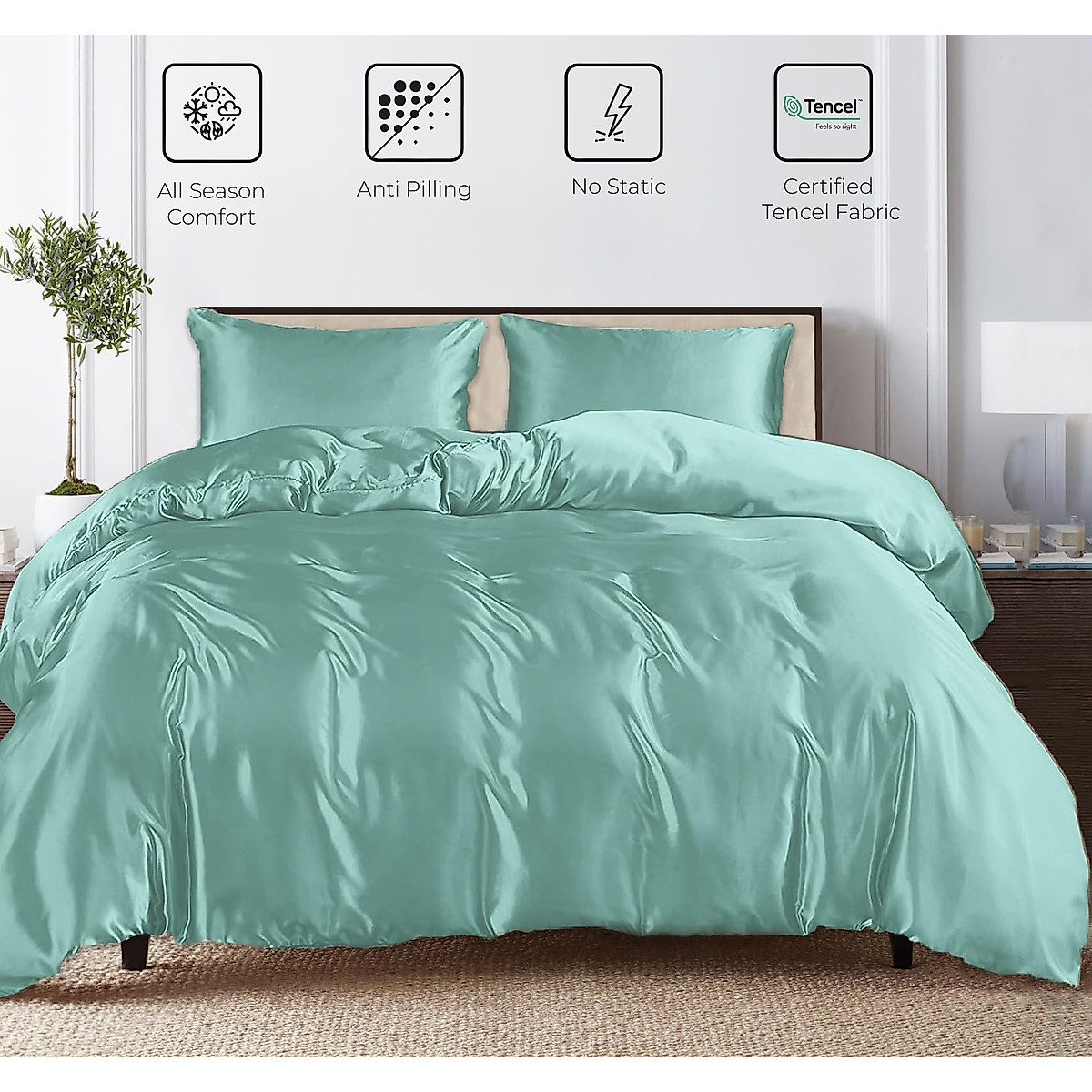 Linenwalas Tencel Lyocell Duvet Cover Set with Deep Pocket Fitted Sheet, Viscose Made from Eucalyptus Soft, Lightweight and Breathable Complete Bedding Set (Aqua, Full)