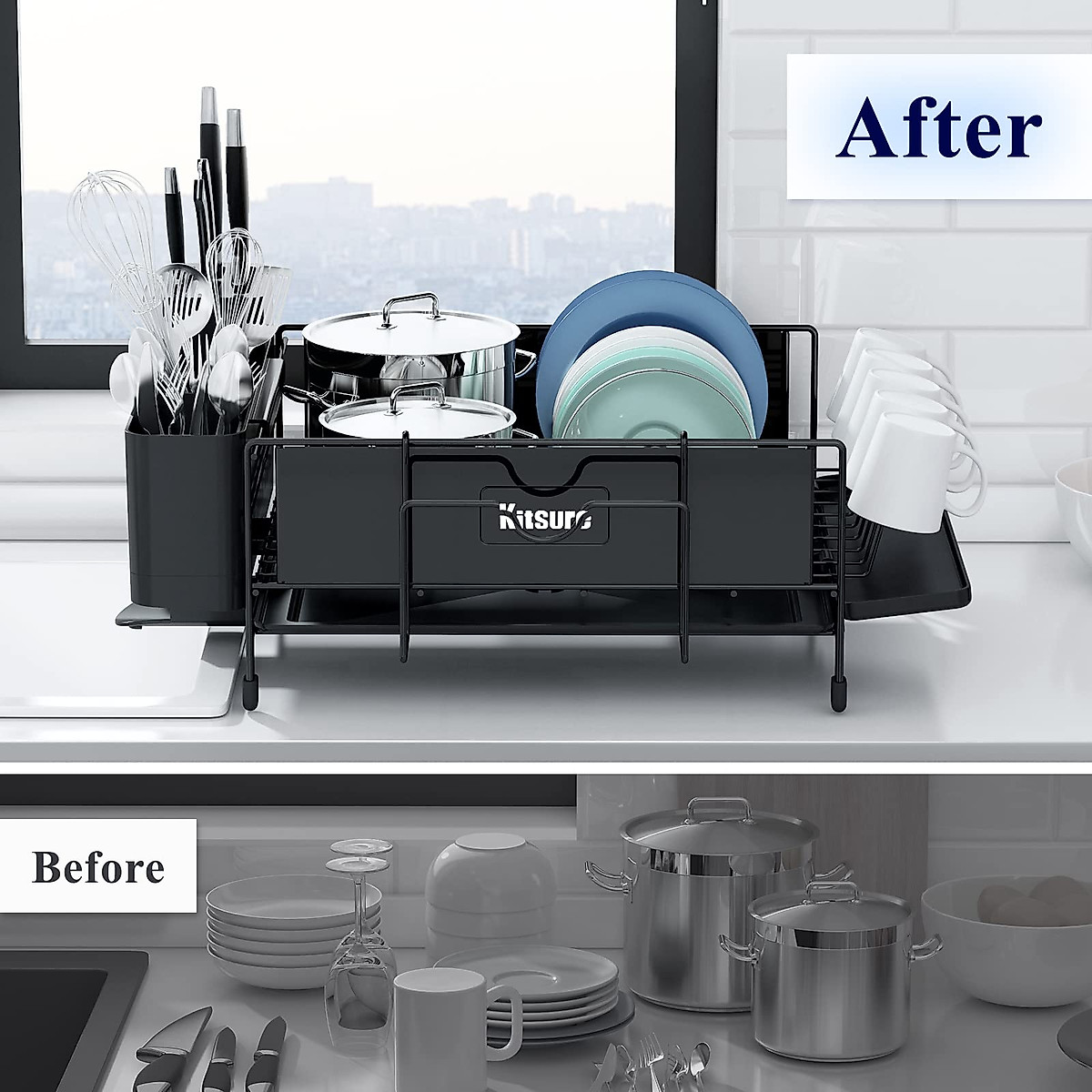 Kitsure Dish Drying Rack Large - Stainless Steel Dish Rack for Kitchen Counter, Dish Drainer with Drainboard Connected to The Sink, Dish Holder for Cups, Cutlery & Cutting Board, Black, Single-tiers