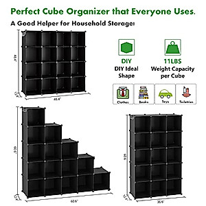 C&AHOME Cube Storage Organizer, 16-Cube Shelves Units, Closet Cabinet, DIY Plastic Modular Book Shelf, Ideal for Bedroom, Living Room, Office, 48.4" L × 12.4" W × 48.4" H Black