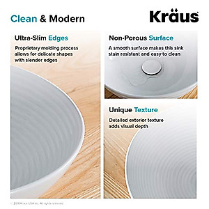 KRAUS Viva™ Round White Porcelain Ceramic Vessel Bathroom Sink with Pop-Up Drain, 16 1/2 in. D x 4 3/8 in. H, KCV-203GWH