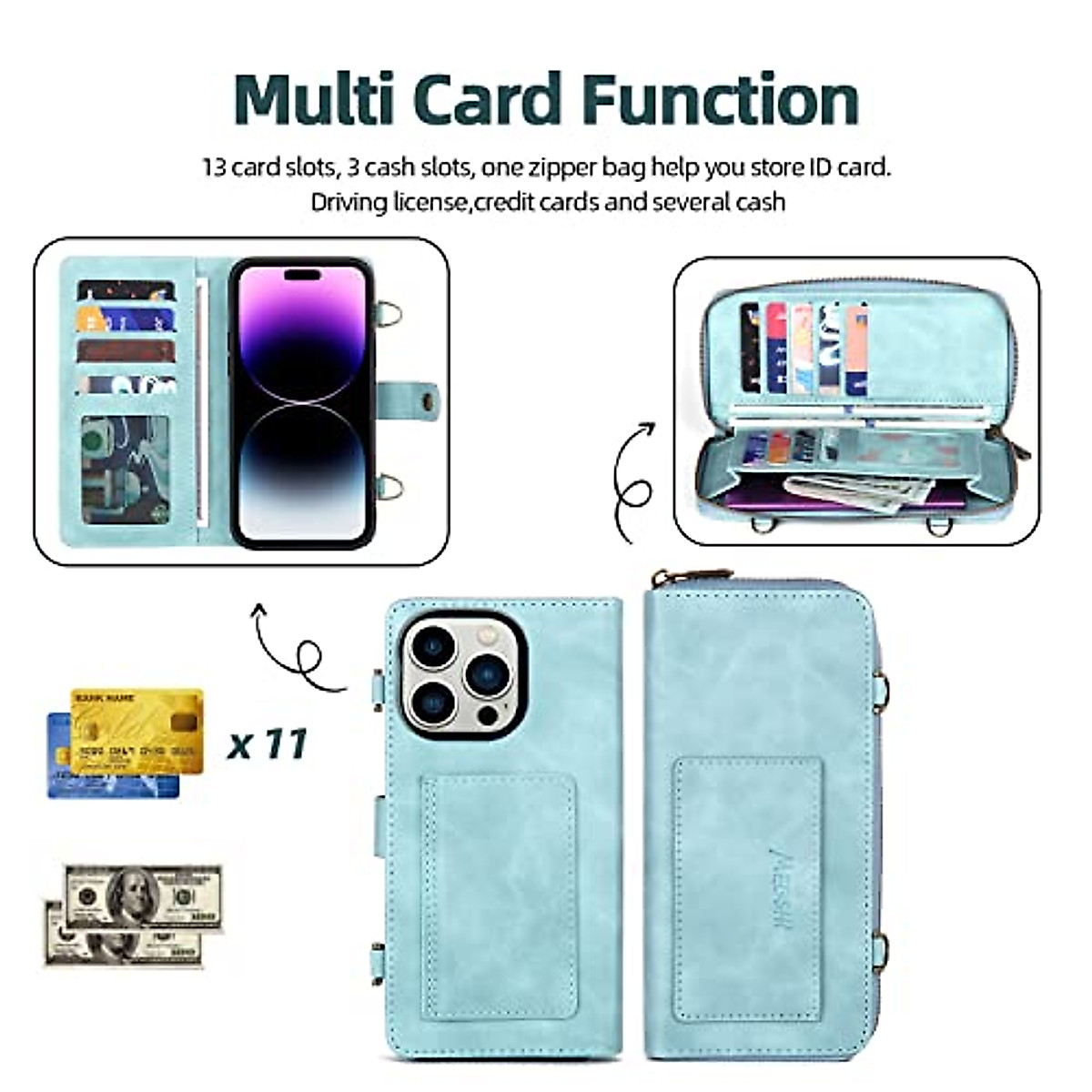 QIXIU for iPhone 16 Pro Wallet Case[13 Card Slots]:Multi-Function,Detachable 3 in 1,Flip Strap Zipper Card Holder Phone Case with Shoulder Straps(Blue)