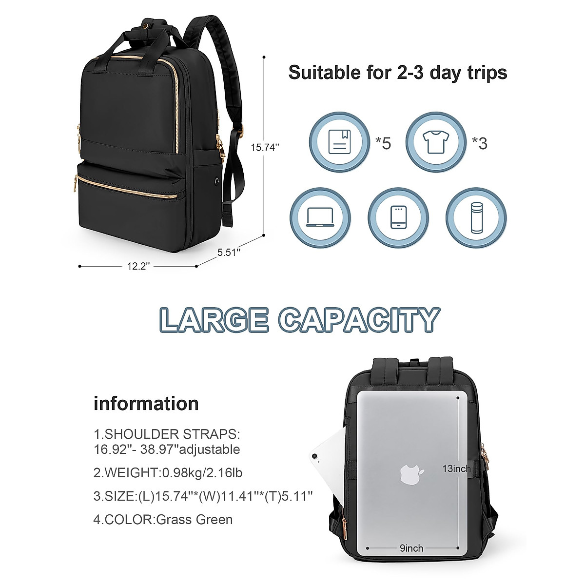 CADOLIM Large Travel Backpack Carry On Flight Approved Black Backpack For Travel Backpacks Waterproof Personal Item Backpack Travel Bag For Women Mens Mochila De Viaje Traveling Backpack