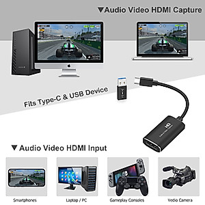 TKHIN Capture Card, Audio Video Capture Card HDMI Game Capture to USB 1080p 60fps, with Type-C to USB Adapter Converter, 4K Full HD Game Capture Low Latency Record for Live Streaming/Gameplay Console