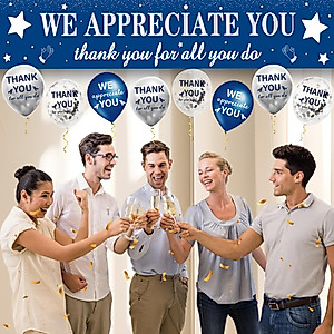 We Appreciate You Decorations Blue Silver Appreciate You Banner with 18 pcs Balloons Thank You Yard Sign for Teacher Employee Staff Poaster Doctors Nurse Volunteer Appreciation Week Party Decor