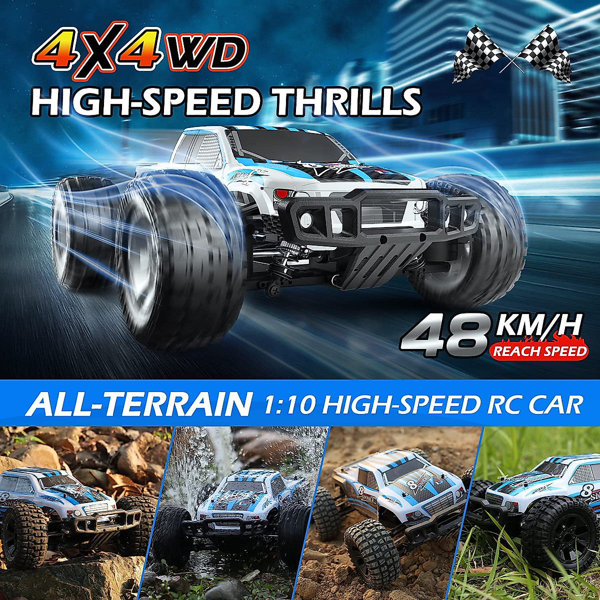 DEERC 9200E Large Hobby RC Cars, 48 KM/H 1:10 Scale Fast High Speed Remote Control Car for Adult Boy, 4WD 2.4GHz Off Road Monster RC Truck Toy All Terrain Racing,2 Batteries for 40 Min Play