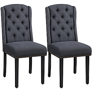Yaheetech Dining Chairs Upholstered Fabric Chairs Tufted Kitchen Chairs with Solid Wood Legs, Nailhead Trims and Wing Design for Dining Room Kitchen and Restaurant, Set of 2, Gray