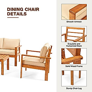 YOLENY 4 Piece Patio Conversation Set, Outdoor Coffee Table with Soft Cushions Chairs, Wood Furniture Set Outdoor Sofa Set for Garden, Poolside, and Backyard