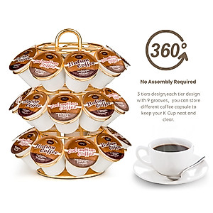 KREWEY Coffee Pod Holder, K Cup Holders，Coffee Pod Storage Compatible with K Cups (27 Pods), Spins 360-Degrees Coffee Pod Carousel Holder Organizer, Modern Gold Design (Round,Shining Gold)
