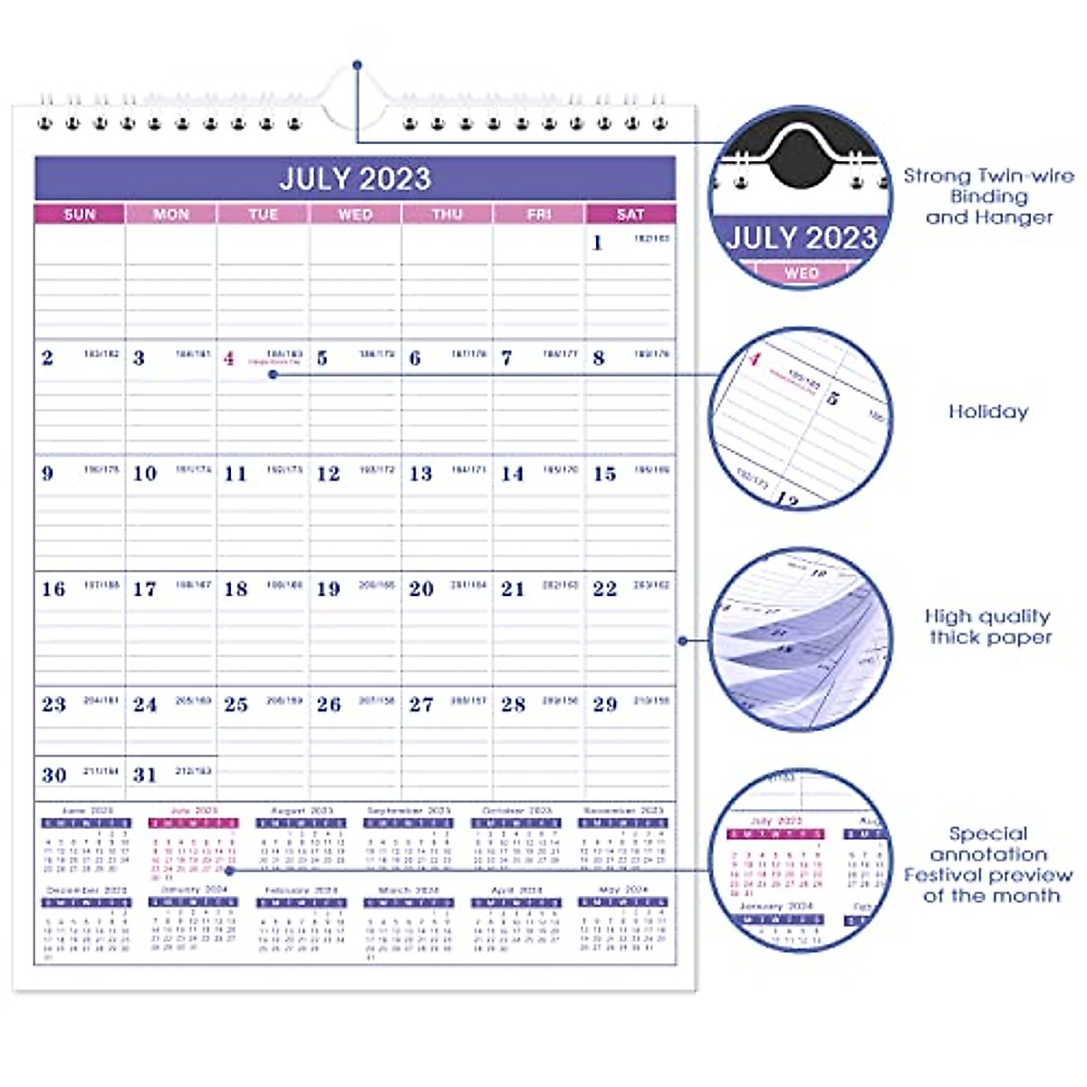 2023-2024 Wall Calendar - 18 Months Calendar 2023-2024 from Jan. 2023 - Jun. 2024, 8.5" x 11", Twin-Wire Binding, Ruled Blocks with Julian Dates, Perfect Wall Calendar for Organizing