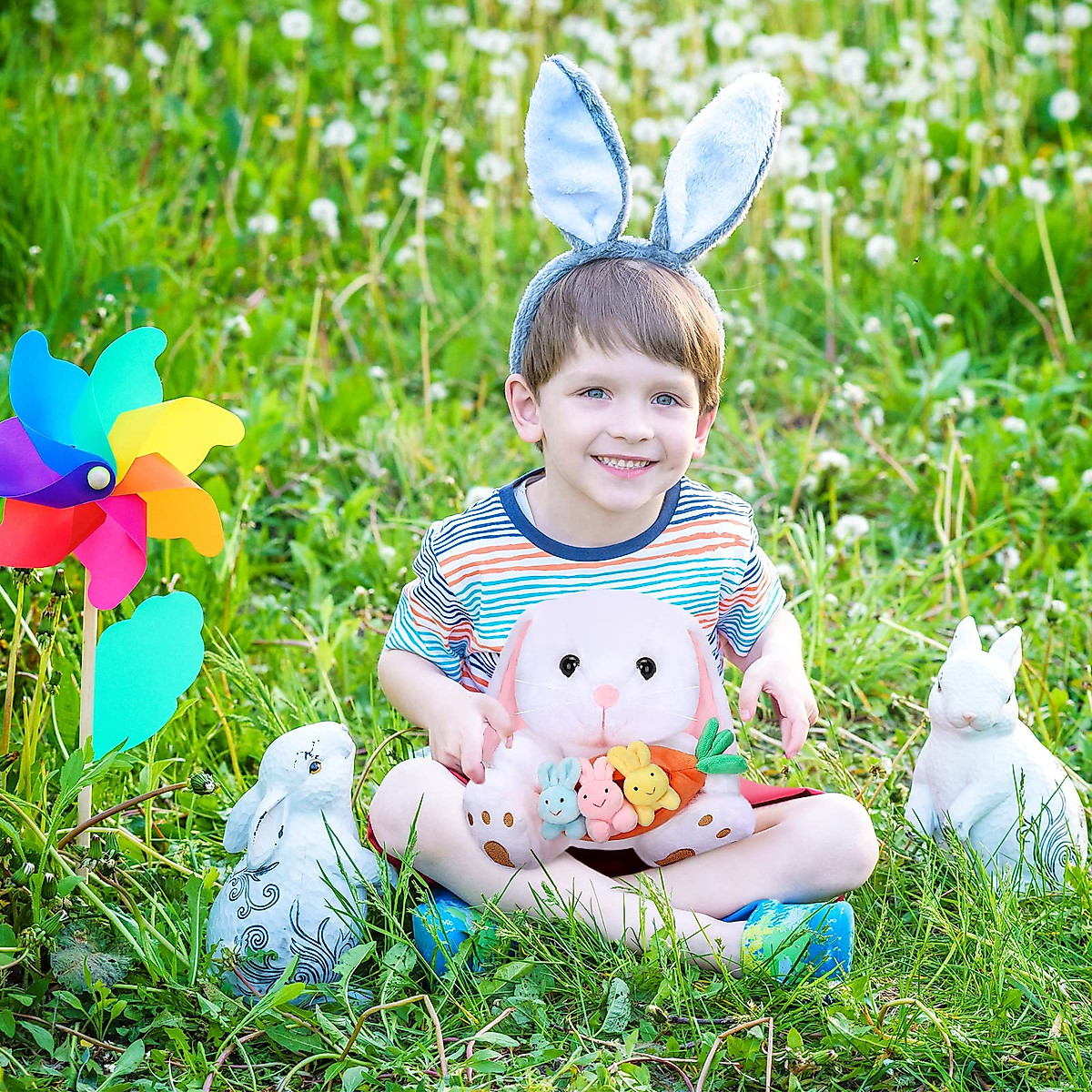 Easter Bunny Stuffed Animals with 3 Bunnies in a Carrot Rabbit Decor 10 Inches Easter Rabbit Plush Soft Cute Bunny Plush Toys Desktop Decoration for Boys and Girls Holiday Birthday Gift(Bunny)