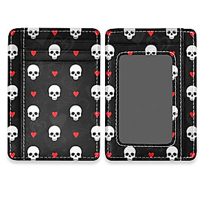 Linomo Thin leather Card Holder and Money Clip Sugar Skull Love Heart Pattern Wallet RFID Blocking for Men & Women