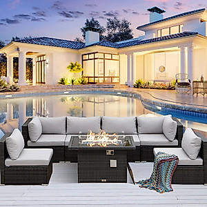 RADIATA PE Wicker Patio Furniture Set Sectional High Back Large Size Sofa Sets with Propane Fire Pit Table 55000 BTU Balcony Rattan Lounge Conversation Sets for Outdoor (7 Pieces,Light Gray)