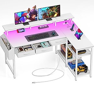 Seventable L Shaped Desk with Storage Drawers, 47 inch Gaming Desk with Shelves, Small Computer Desk with Power Outlets & LED Lights, Home Office Corner Desk with Monitor Stand for Bedroom, White