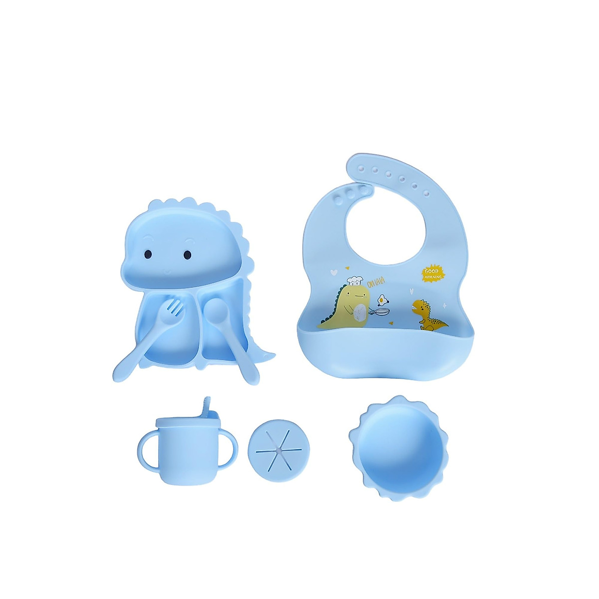 Silicone Baby Feeding Set, Baby Led Weaning Supplies, Eating Essentials Utensils with Suction Plate and Bowl, Pocket Bib, Sippy Cup with Lid, Forks Spoons Snack Container (Tropical Blue) 6M +