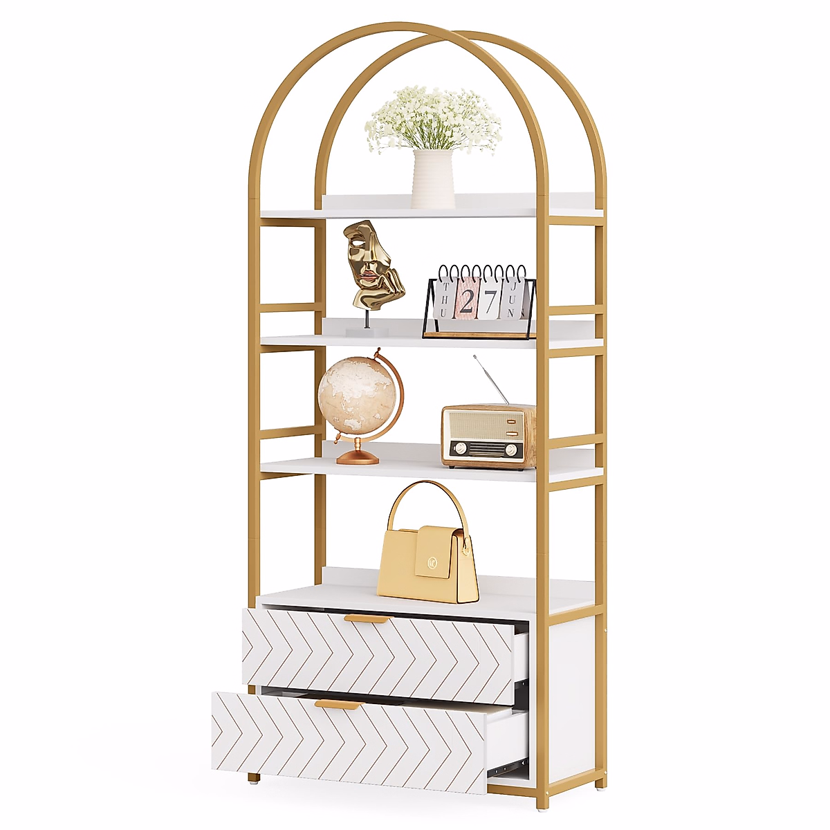 Tribesigns 4-Tier Bookshelf with 2 Drawers, 74.80”H Tall Bookcase 4 Display Shelf Small Place, Free Standing Multipurpose Storage Rack Etagere Book Shelves Tower, Home Office, White, Gold