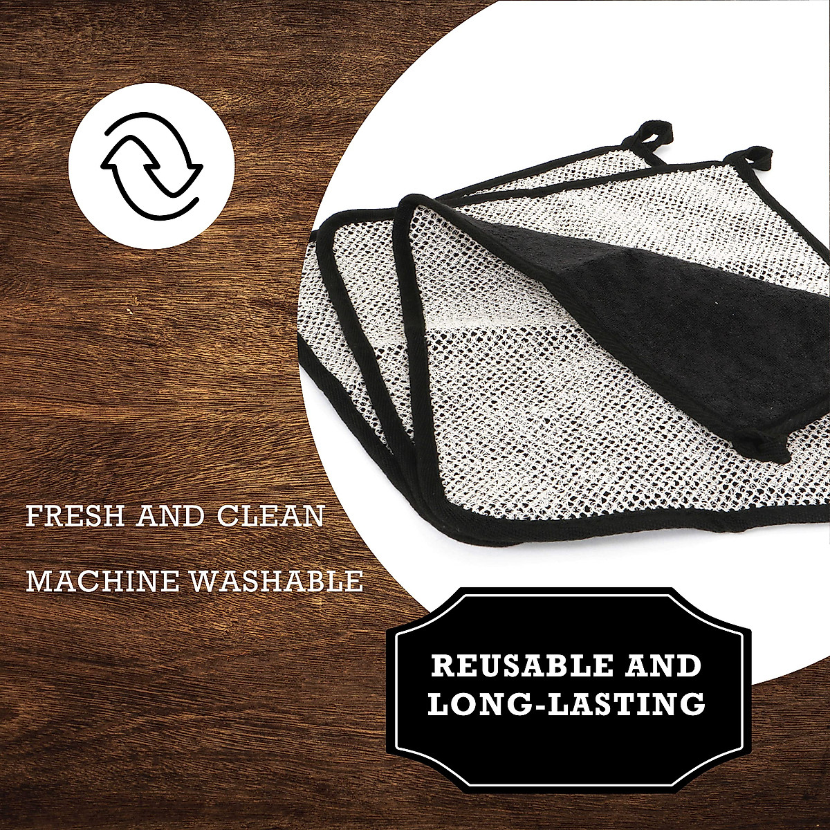 The Rustic Man Terry Wash Cloths for Face and Body, Dual-Sided Cleansing and Exfoliating Washcloths, Machine Wash, Black, 3 Count