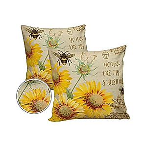 Waterproof Outdoor Throw Pillow Cover Sunflower with Bees Lumbar Pillowcases Set of 2 Vintage Floral Garden My Only Sunshine Decorative Patio Furniture Pillows for Couch Garden 18 x 18 Inches