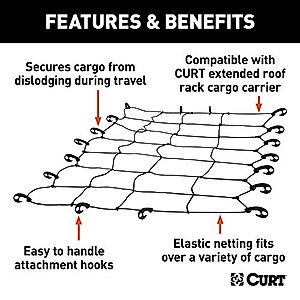 CURT 18201 65 x 38-Inch Elastic Cargo Net with Hooks for Roof Basket