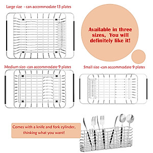 NiuYichee Expandable Dish Drying Rack, Drainage Rack Over Sink, Stainless Steel Dish Drainer Rack Organizer in Sink, Dish Drainer Basket Shelf on Counter, with Stainless Steel Utensil Holder