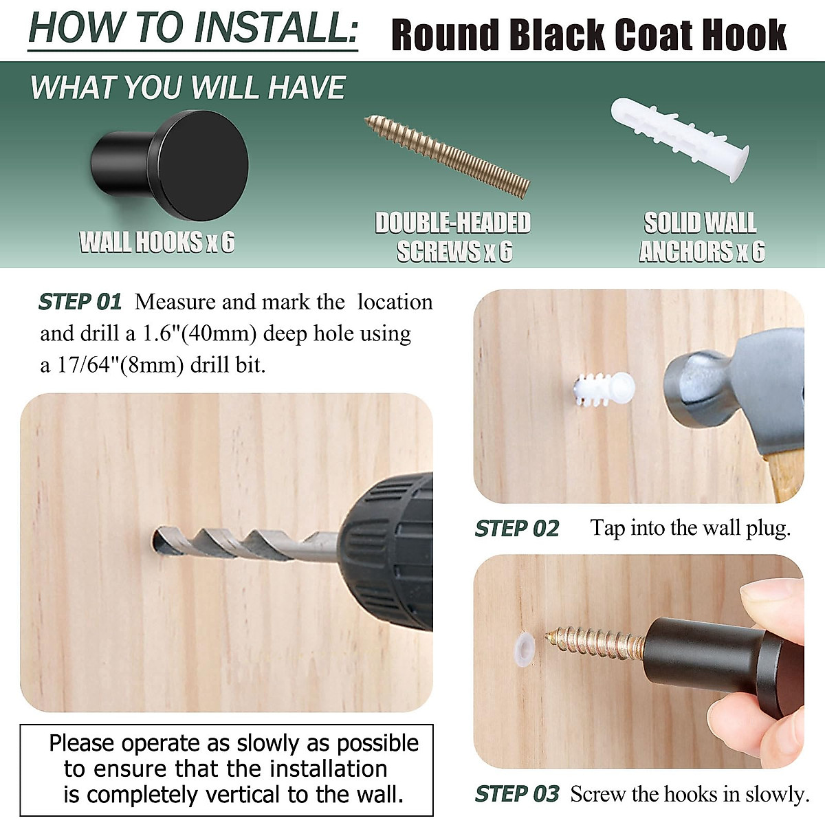 GUWINA Metal Wall Hooks for Hanging,6 Coat Hooks Wall Mount,Heavy Duty Black Decorative Hooks for Cubicle Entryway,Bathroom Shower Hand Towel Hooks Hangers for Clothes Robe (Round)