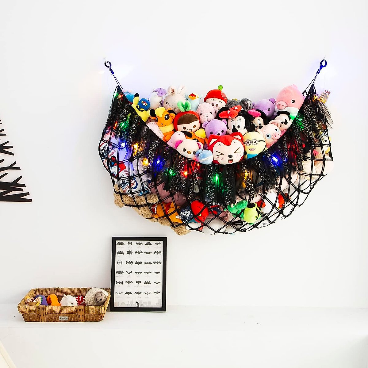 Large Stuffed Animal Hammock with Light Wall Mounted- Squishmallow Hammock Plushies Net Stuff Toy Organizer Boho Macrame Toy Hammock Corner Hanging Net for Nursery Storage Bedroom Playroom Decor-Black