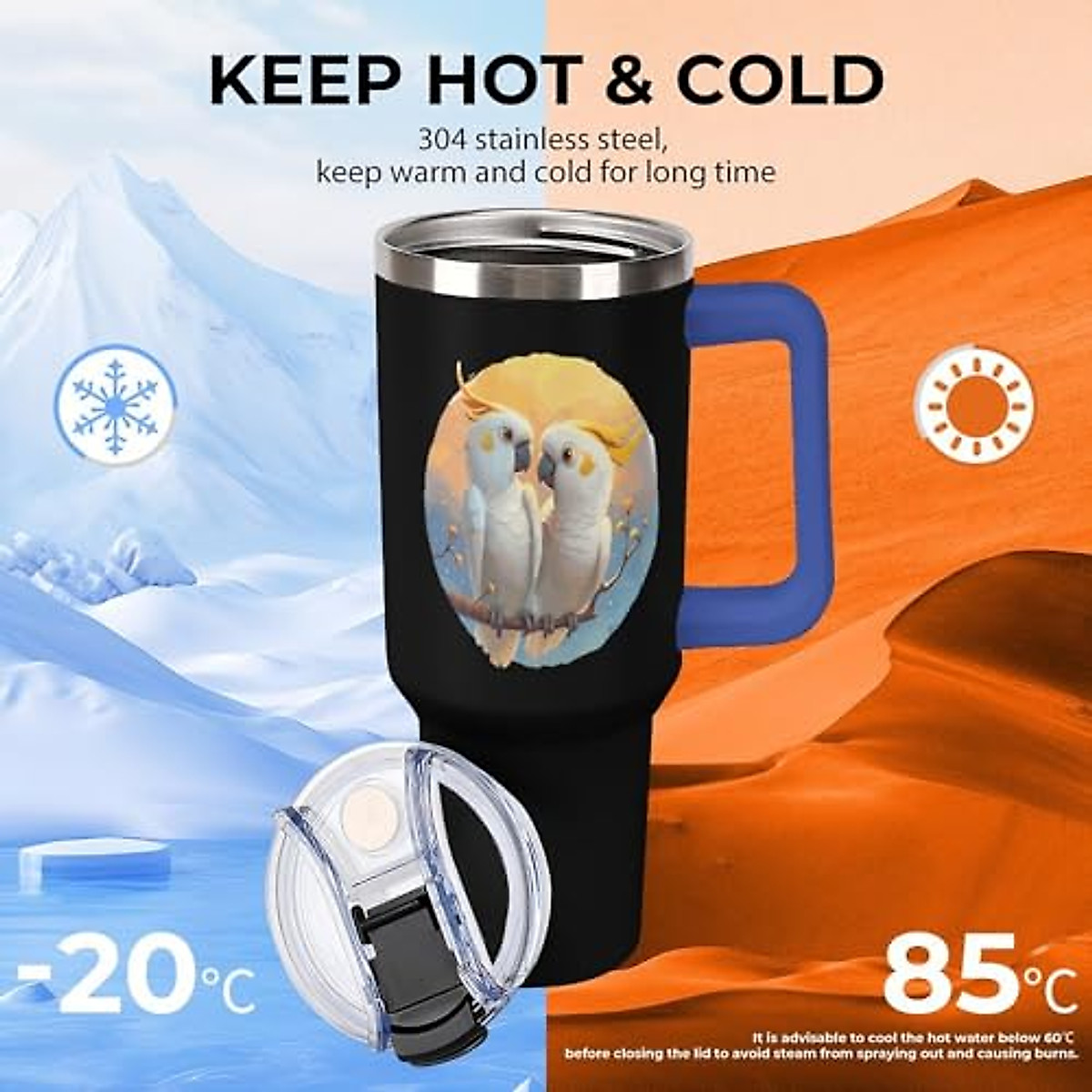 Cute Cartoon Cockatiel (8) 40 Oz Car Cup Stainless Steel Travel Mug Leak-Proof Insulated Tumbler with Handle Deep Blue-style