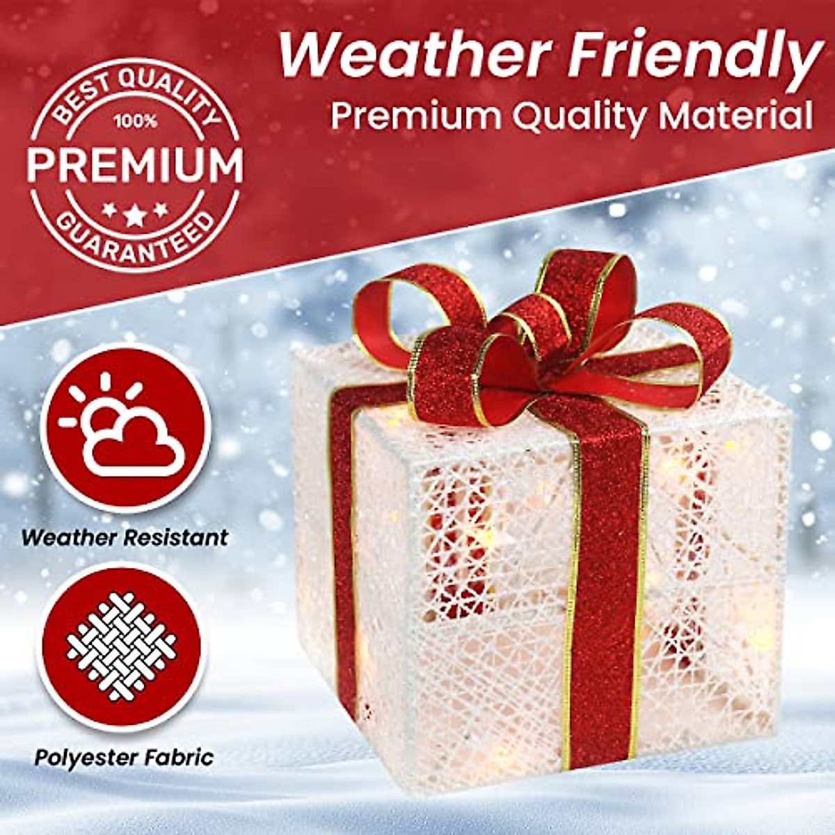 Set of 3 Lighted Gift Boxes Christmas Decoration - Pre-Lit Present with Ribbons and Bows - Light up Gift Box for Indoor Outdoor Yard Home Decor