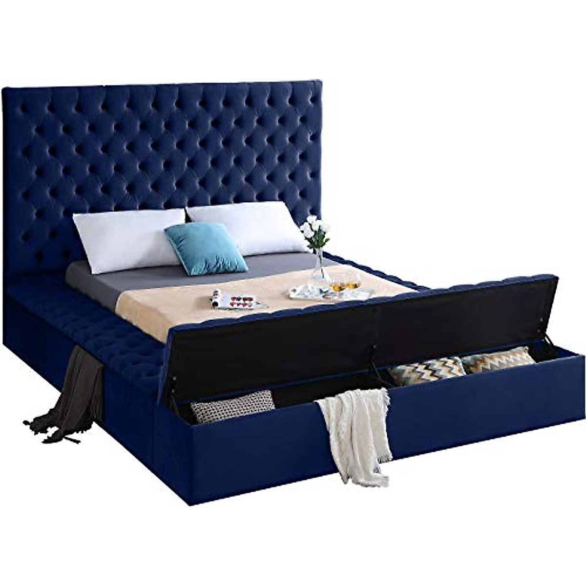 Meridian Furniture Bliss Collection Modern | Contemporary Velvet Upholstered Bed with Deep Button Tufting and Storage Compartments in Rails and Footboard, Queen, Navy