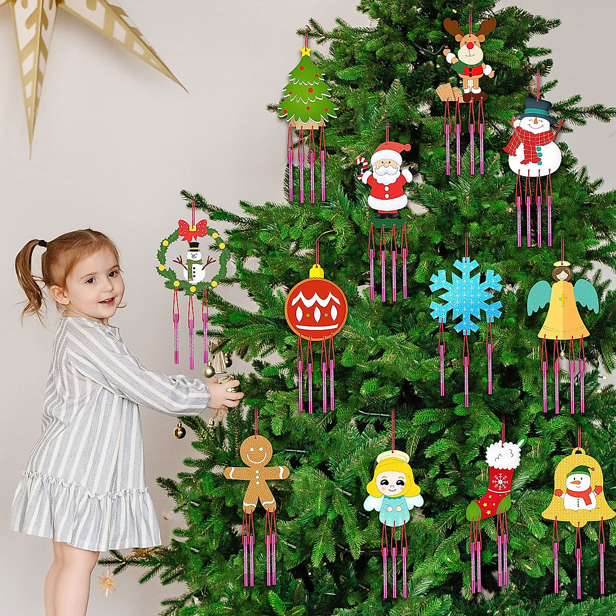 12 Packs Christmas Wind Chime Craft Kit, Decorate Your Own Ornaments,Christmas DIY Wooden Wind Chimes Kit Arts Crafts and Paint for Kids Birthday Christmas Party Favors