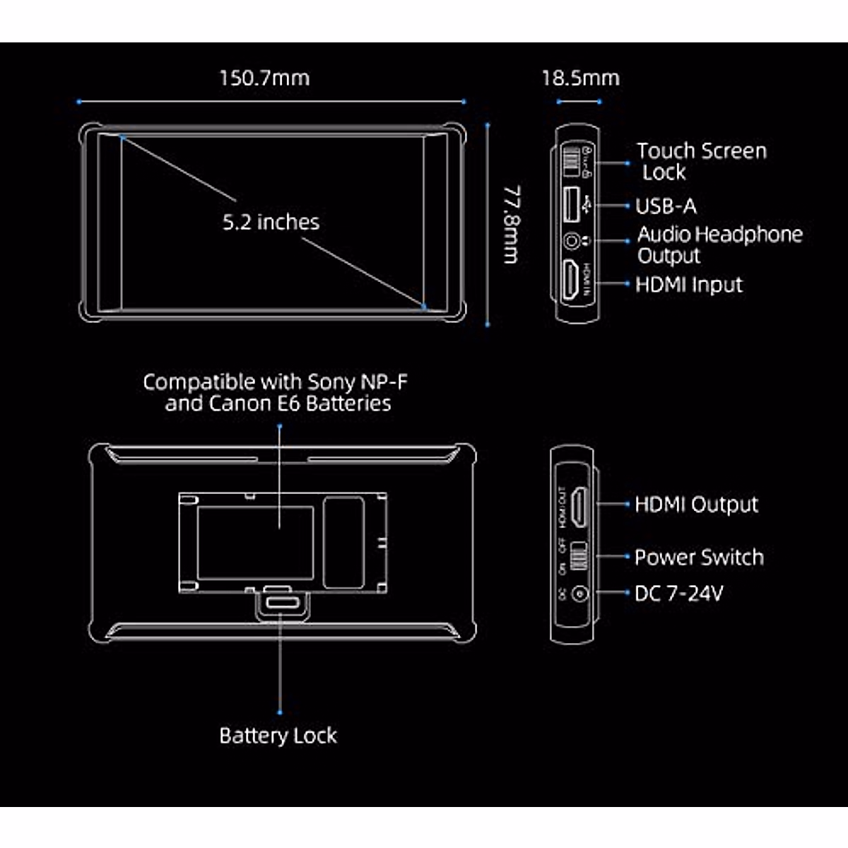 Portkeys PT6 Monitor 5.2 inch 3D LUT 4K HDMI Touch Screen 1920 * 1080 Live Streaming Monitor HDMI DSLR Camera Field Monitor with Peaking Frame, Wireframe Protection, Image Crop Function