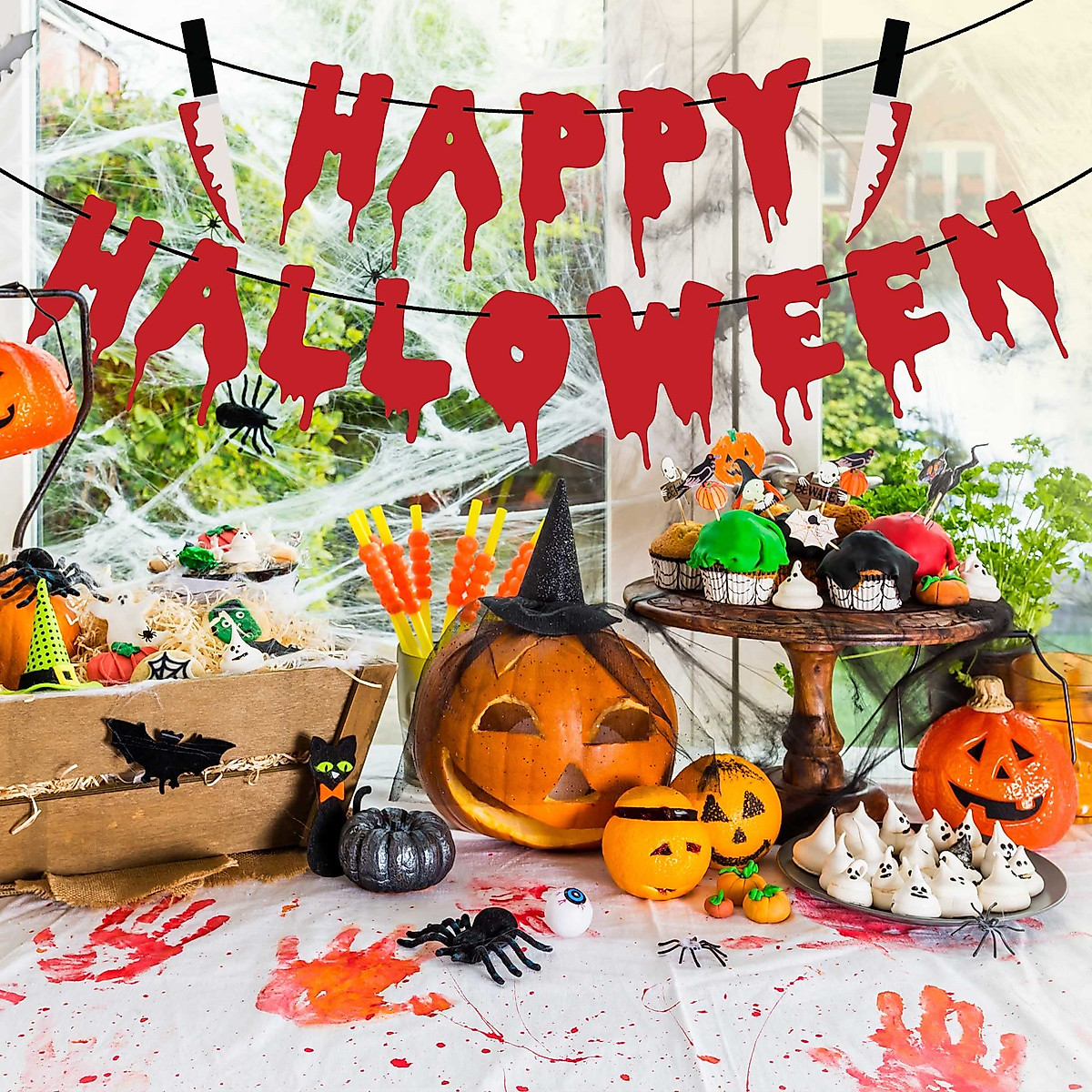 Pre-Strung Happy Halloween Banner,NO DIY,Pre-Strung Garland on 8 ft Strand,Scary Killer Halloween Party Decorations & Decor. Did we mention no DIY?