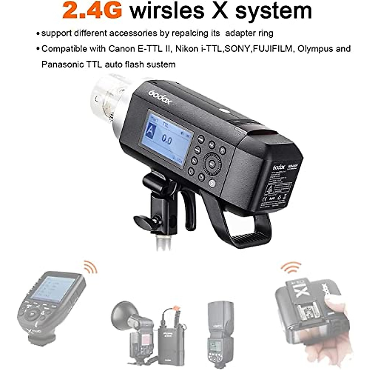 Godox AD400 Pro AD400Pro Flash w/2.8MLight Stand+Sandbag w/Godox 60 * 60cm Softbox with Grid GN72 TTL Monolight,1/8000 HSS Outdoor Flash Speedlight, 0.01-1s Recycle Time for Canon Sony Nikon,etc