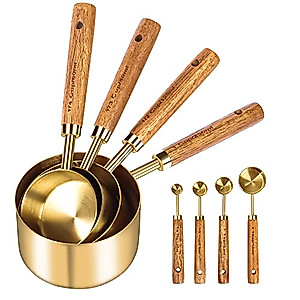 GuDoQi Measuring Cups and Spoons Set of 8, Wood Handle with Metric and US Measurements, Premium Stainless Steel, Golden Polished Finish, Dry & Liquid Measuring Cup, for Cooking and Baking