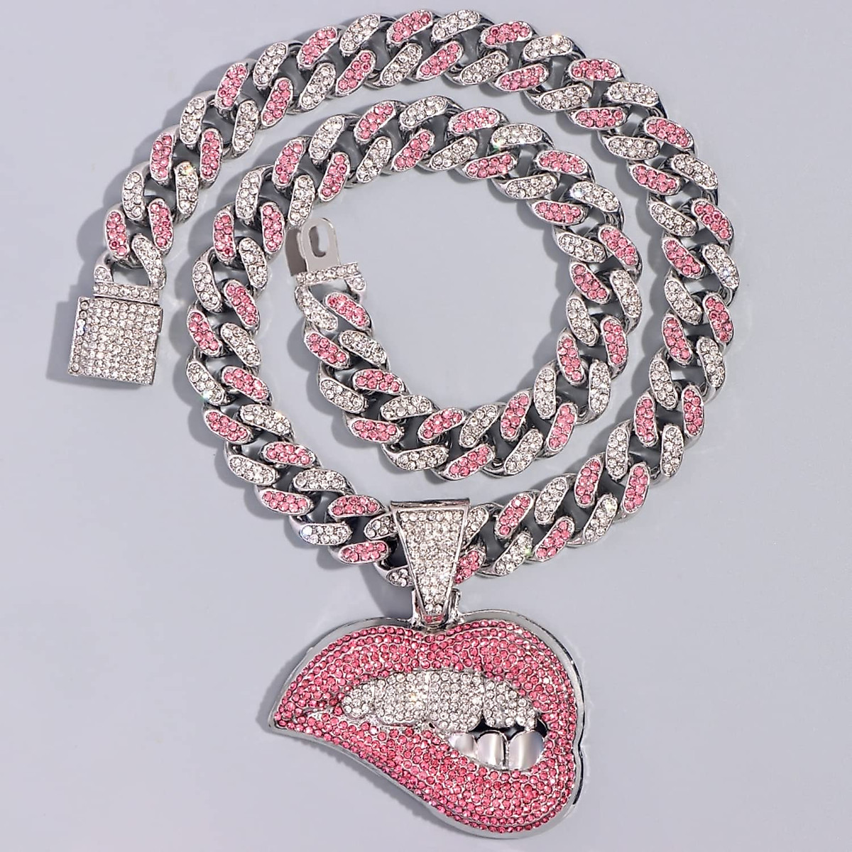 Iced Out Chain for Women Men, Cuban Link Chain, Hip Hop Pink Bite Lip Shape Pendant Necklace for Women with Bling Iced Out Silver Color Cuban Link Chain HipHop Necklace Jewelry (20 Inches, Silver plating)
