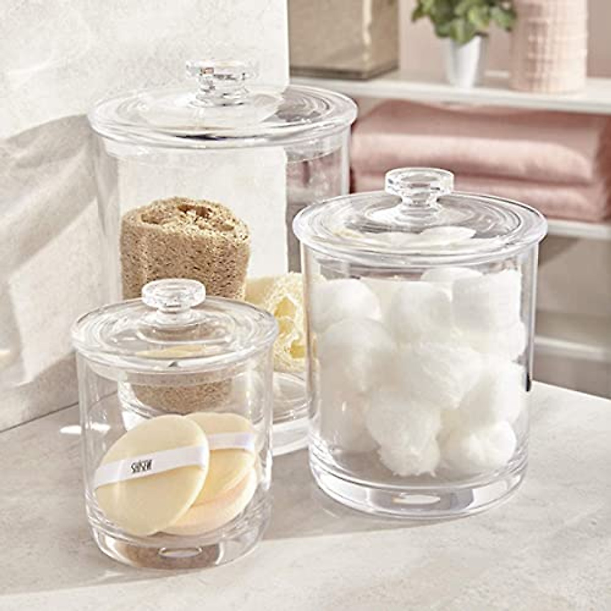 ZOOFOX Set of 4 Acrylic Apothecary Jars, 45 oz/ 30 oz/ 15 oz Clear Plastic Jar with Lid, Bathroom Vanity Laundry Container Holder for Candy, Cotton Swab Ball, Q-Tips, Bath Salt, Pods, Clothes Pins, Scent Boosters