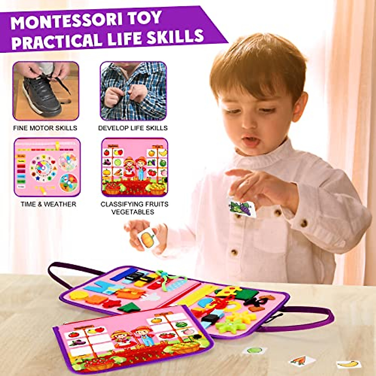 Gefanke Busy Board for 3-6 Years Old Toddlers - Montessori Felt Sensory Toys - Toddler Preschool Learning Activities for Fine Motor Skills – Travel Toy Educational Toys for Boys Girls (Pink)