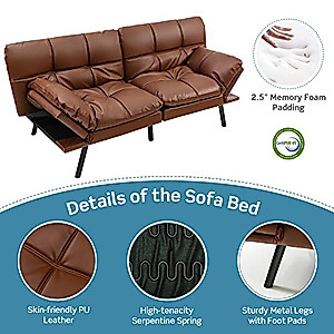 KOMFOTT Futon Sofa Bed, Faux Leather Memory Foam Convertible Futon Couch with Adjustable Backrest & Armrests, Metal Legs, Modern Loveseat Sleeper Bed Split-Back Sofa for Small Apartment & Office