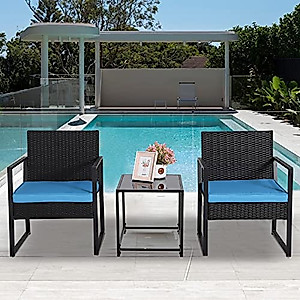 B BAIJIAWEI 3PCS Wicker Patio Furniture Sets Outdoor Bistro Set Wicker Chair Conversation Sets with Coffee Table for Yard, Backyard, Porch, Bistro (Black Wicker-Blue Cushion)