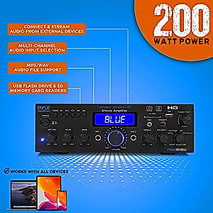 Pyle Wireless Bluetooth Home Stereo Amplifier - Multi-Channel 200 Watt Power Amplifier Home Audio Receiver System w/HDMI, Optical/Phono/Coaxial, FM Radio, USB/SD, AUX, RCA, Mic in - Remote - PDA9HBU