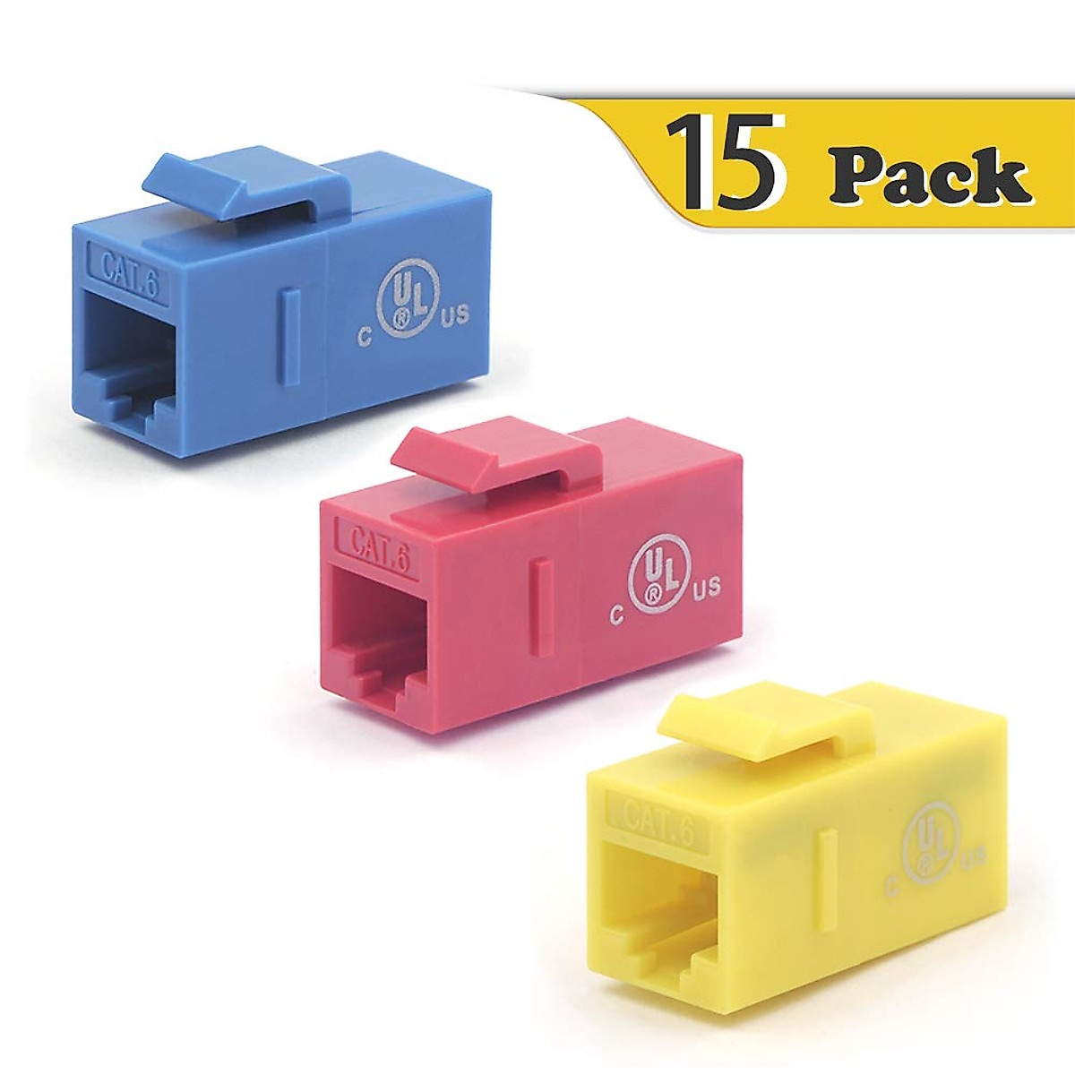 VCE CAT6 Keystone Coupler UL Listed 15-Pack, RJ45 Female to Female Insert Coupler UTP Ethernet Inline Coupler Blue+Red+Yellow