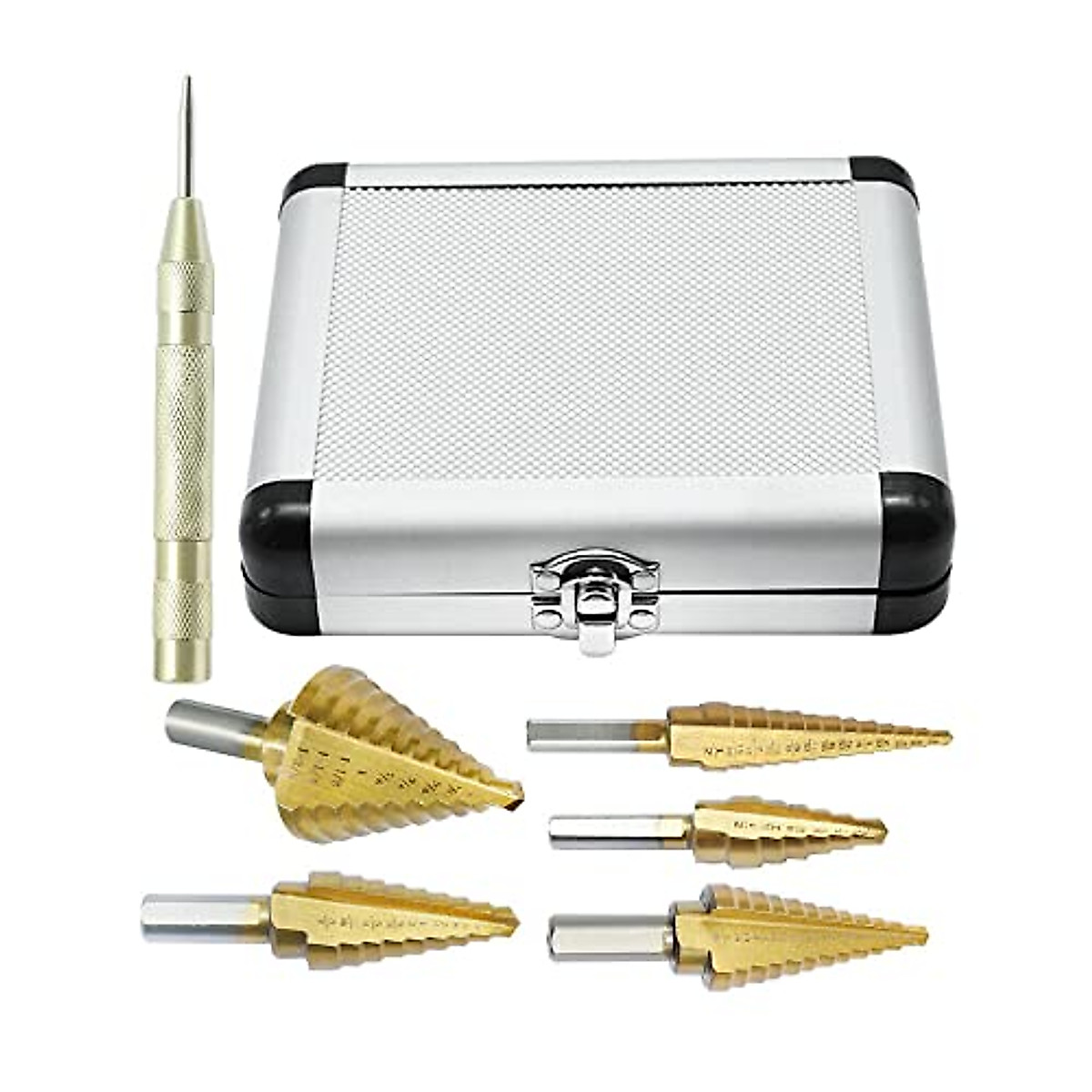 Arkdeffon Step Drill Bit Set & Automatic Center Punch,Titanium Coated, Double Cutting Blades, 5pcs Hss Multiple Hole 50 Sizes (1/8In-1 3/8In) High-Speed Metal Steel with Aluminum Case