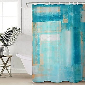 LiDU Teal Yellow 4 Pcs Shower Curtain Set, 72" x 72" Waterproof Shower Curtains with 12 Hooks, Modern Oil Painting Abstract Geometric Aesthetics Bathroom Sets with Shower Curtain and Rugs