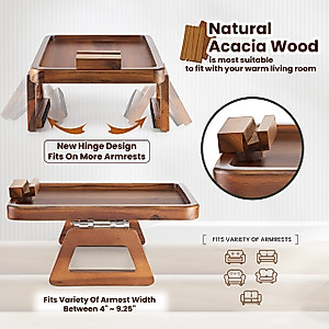 Tinamo Acacia Couch Arm Table with Phone Holder - Wooden Sofa Armrest Tray - Clip-on Tray for Wide Couch - Side Table for Eating & Drink (Acacia)