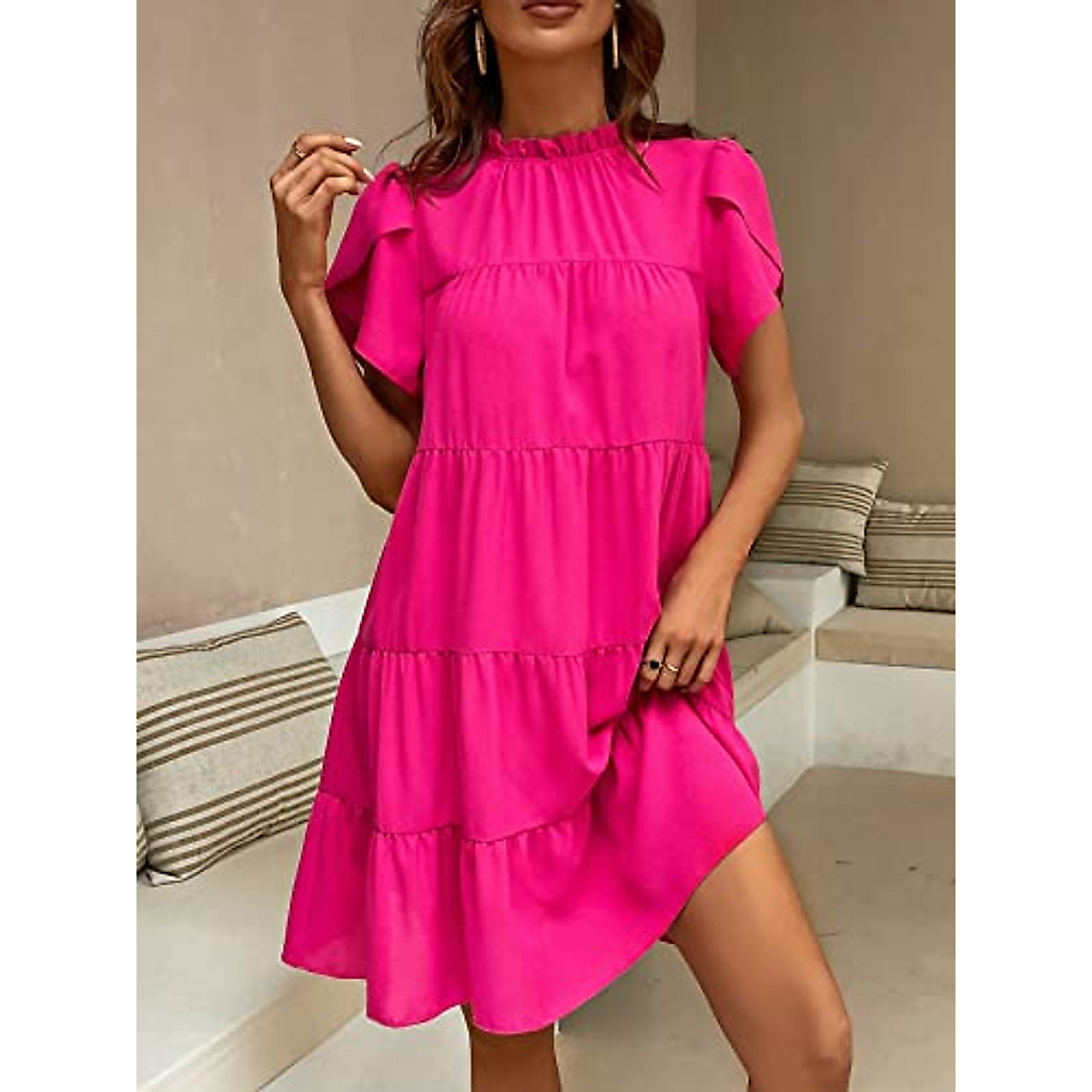 Verdusa Women's Tie Back Petal Sleeve Mock Neck Ruffle Hem A Line Swing Smock Dress Hot Pink L