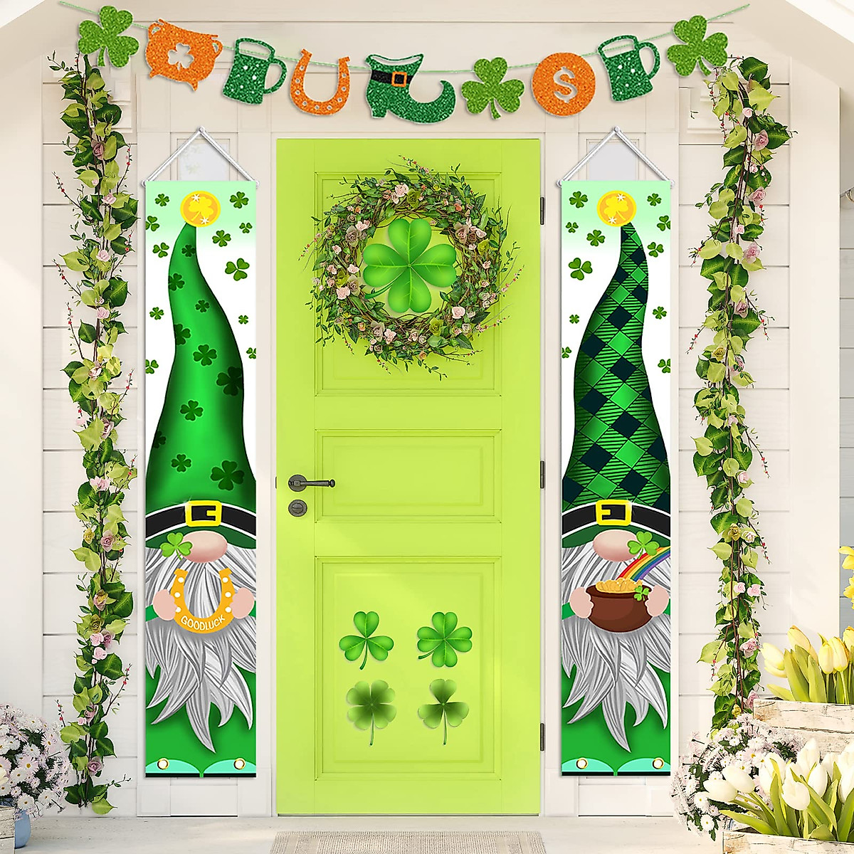 St Patricks Day Decorations Outdoor, 3 Pack Green Gnomes Welcome Banners Porch Signs with Glitter Garland Banner, Irish Shamrock Saint Patrick's Day Décor for The Home Party Door Tree Classroom Office