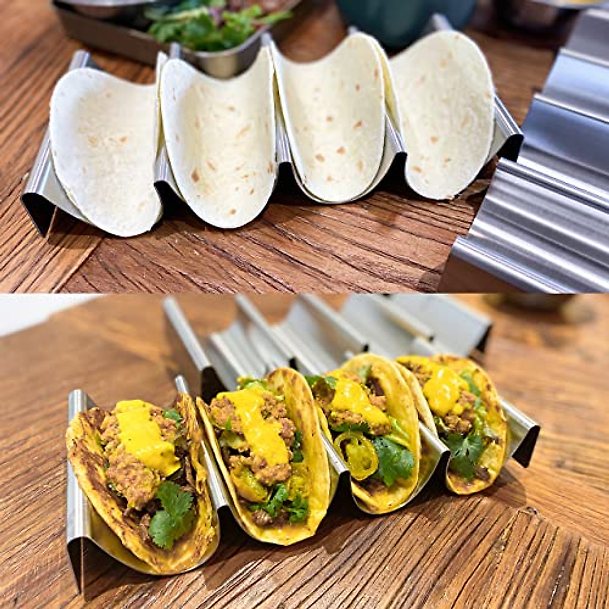 Uyauld Taco Holders 2 Pieces, Stainless Steel Taco Stand Burrito Rack Tray, U-Shape Shell Grill Food Holder for Holding 4 Tacos 6" 8"10", Spring Roll