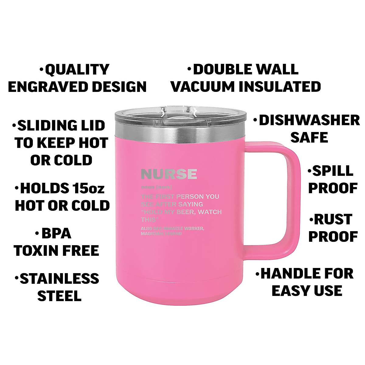 Rogue River Tactical Funny Nurse Noun Stainless Steel Coffee Mug Travel Tumbler With Lid Novelty Cup Great Gag Gift Idea RN CNA Psych Tech Pink